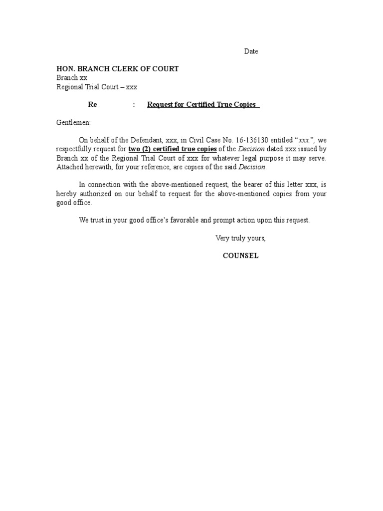 Letter To Clerk - Certified True | PDF | Law
