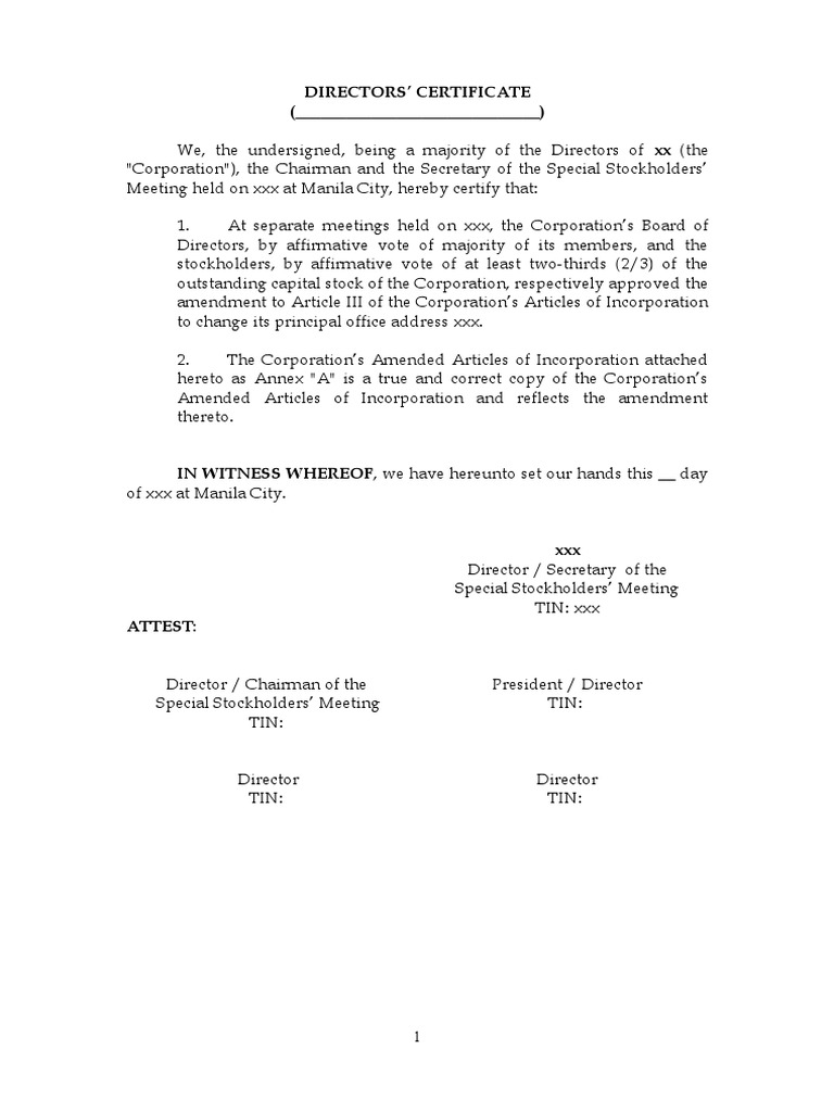 Sample Director's Certificate | PDF | Finance & Money Management | Law