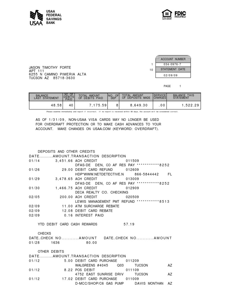 Usaa Federal Savings Bank: Account Number 1 0 3 4 - 0 9 7 6 - 7 Statement Date 1 0 0 2 / 0 9 / 0 ...