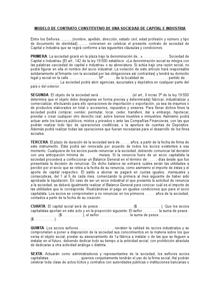 Contrato Constitutivo de Una Sociedad de Capital e Industria SCI | PDF | Capitalismo | Sociedad ...