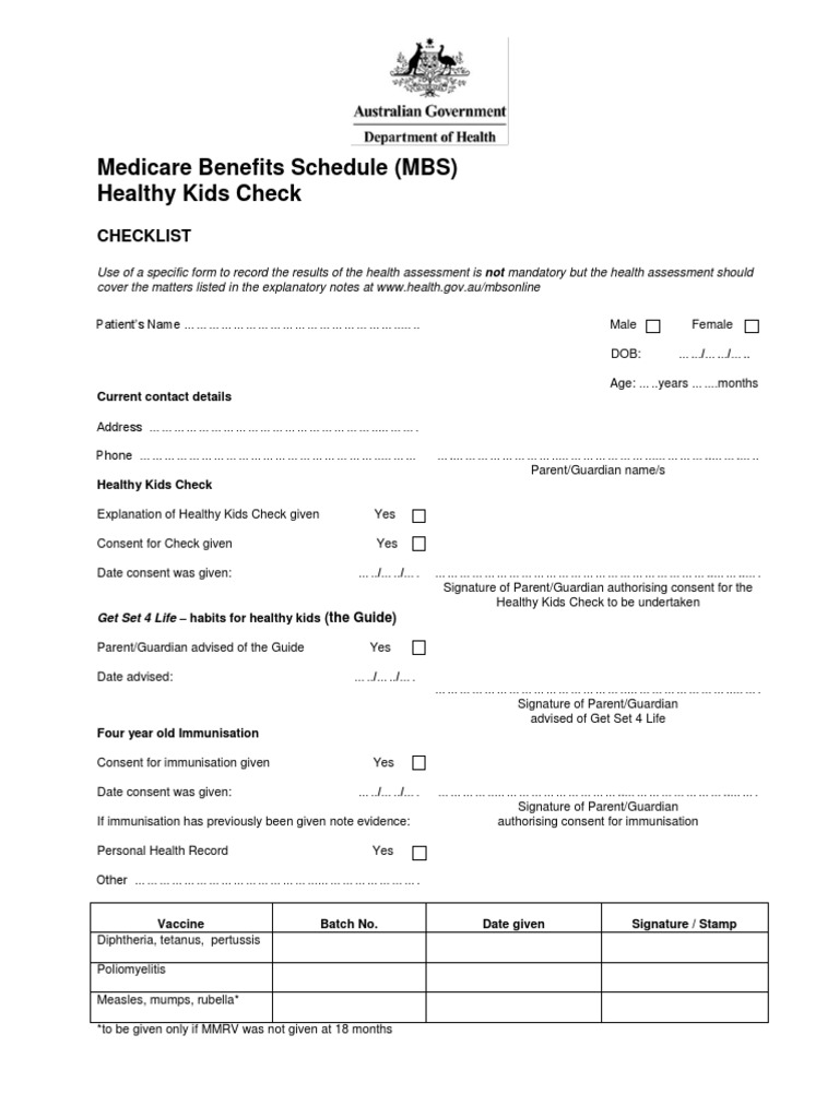 Medicare Benefits Schedule (MBS) Healthy Kids Check: Checklist | PDF ...