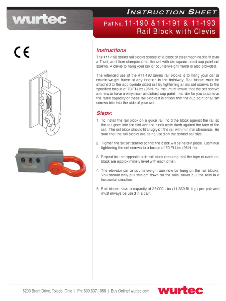 Wurtec #11-190 Rail Block Installation Guide | PDF | Screw | Elevator