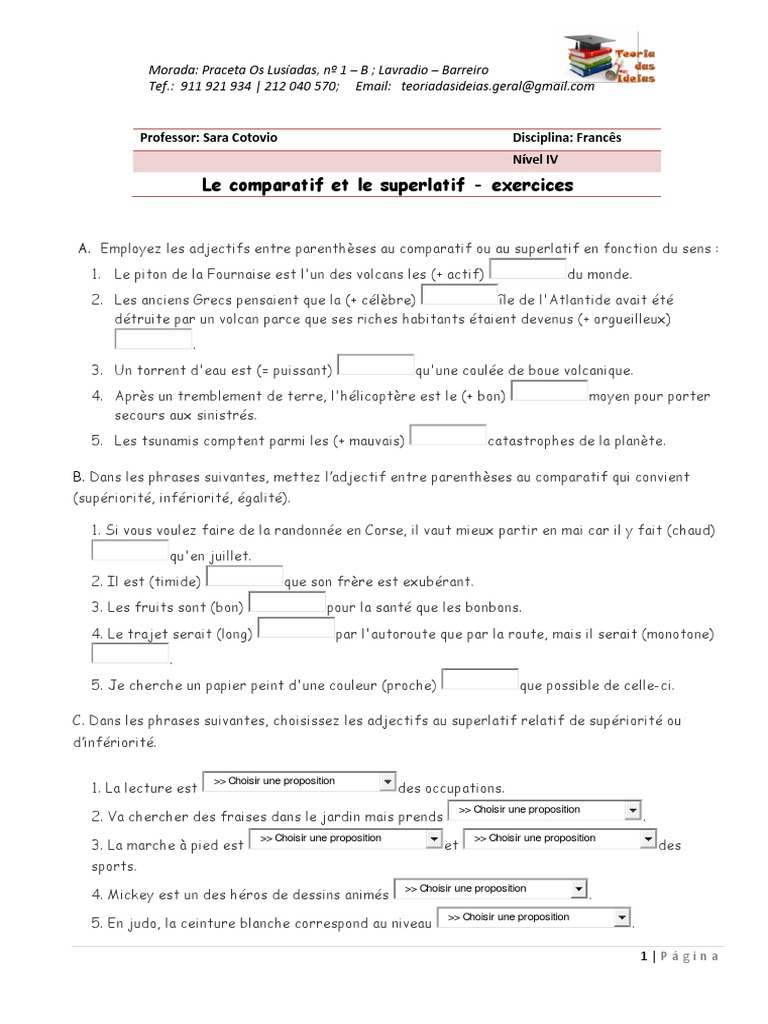 Ficha Francês Le Comparatif Et Superlatif Exercícios | PDF | La nature