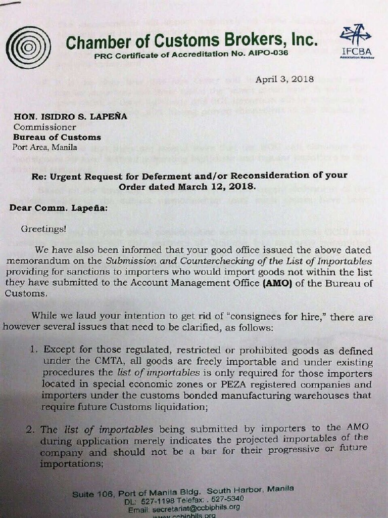 Letter of Chamber of Customs Brokers Inc To BOC Commissioner Isidro ...