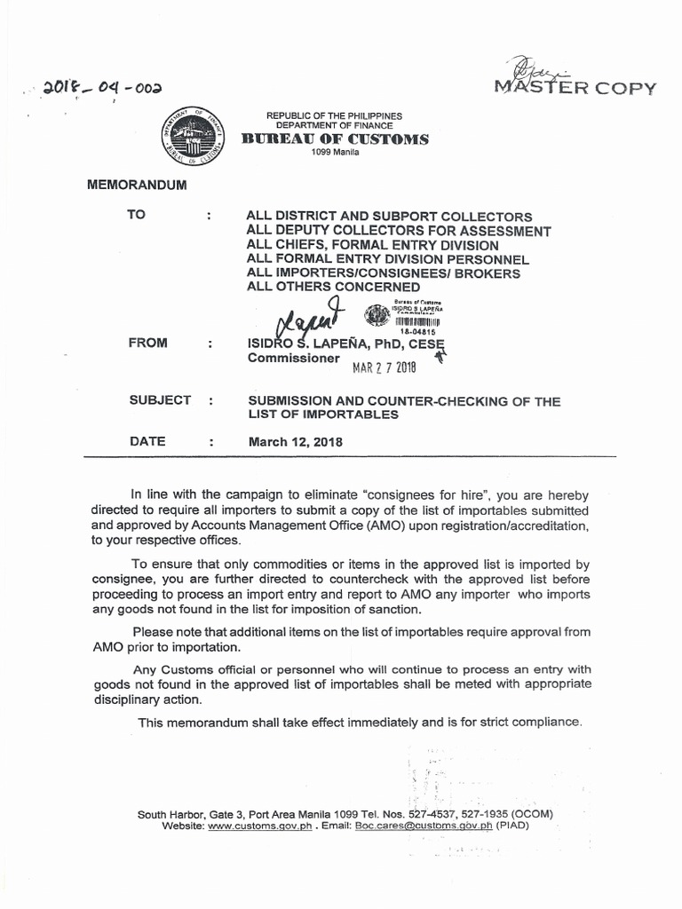 Bureau of Customs Memo-2018-04-002 Submission and Counter Checking of ...