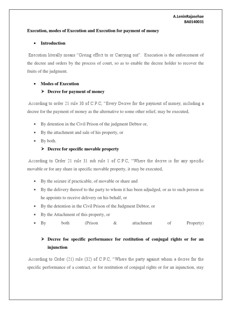 Modes of Execution: Enforcing Decrees for Payment of Money, Delivery of ...