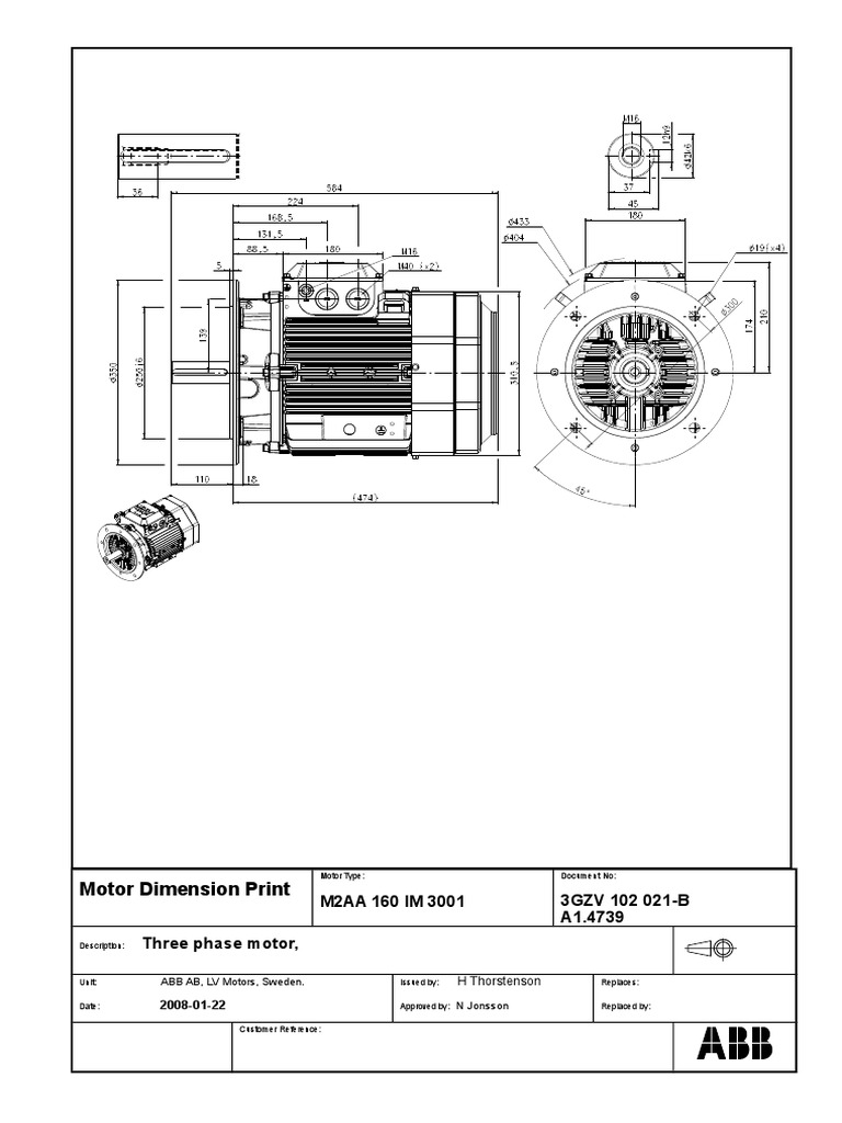Dimensional Print and Specifications for Three Phase ABB M2AA 160 IM ...