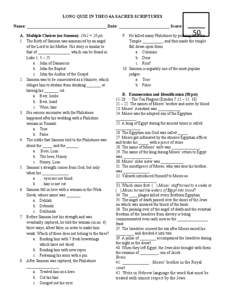 Long Quiz in Theo 4a Sacred Scriptures | PDF | Samson | Moses