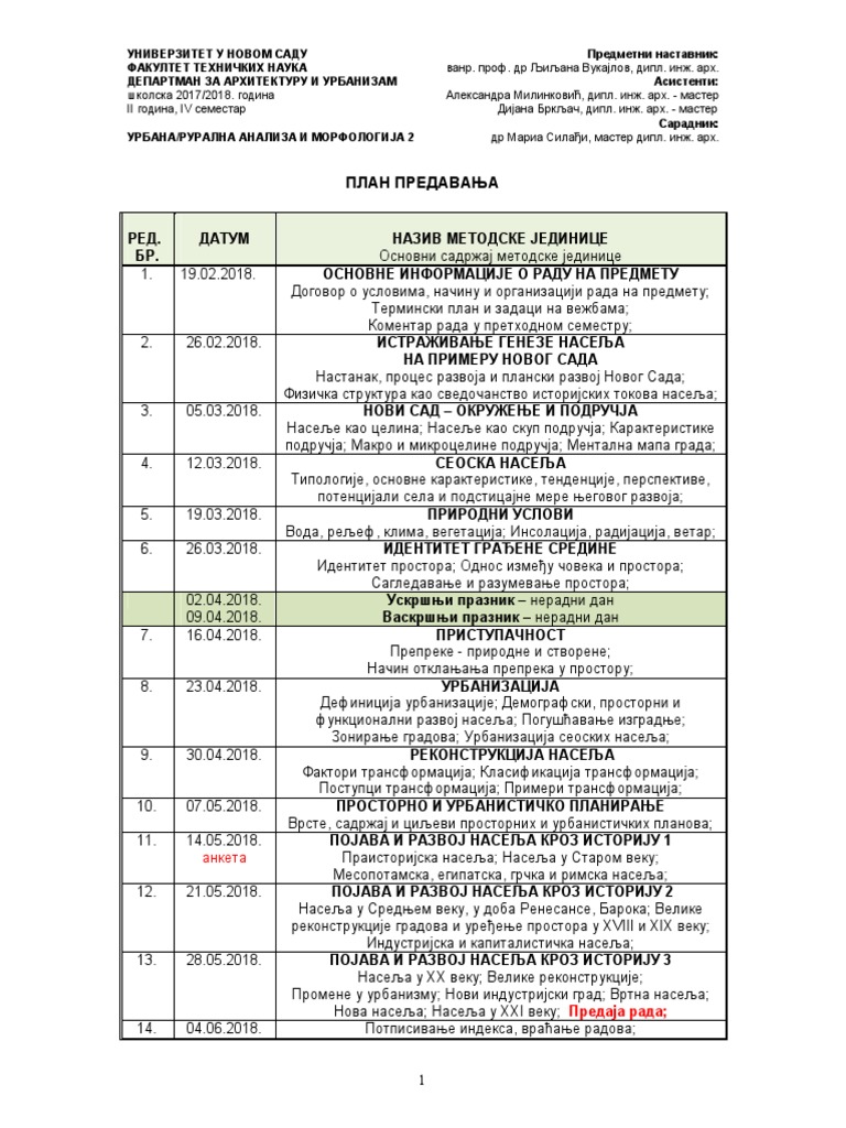 Uram 2 Terminski Plan 2017 2018 | PDF