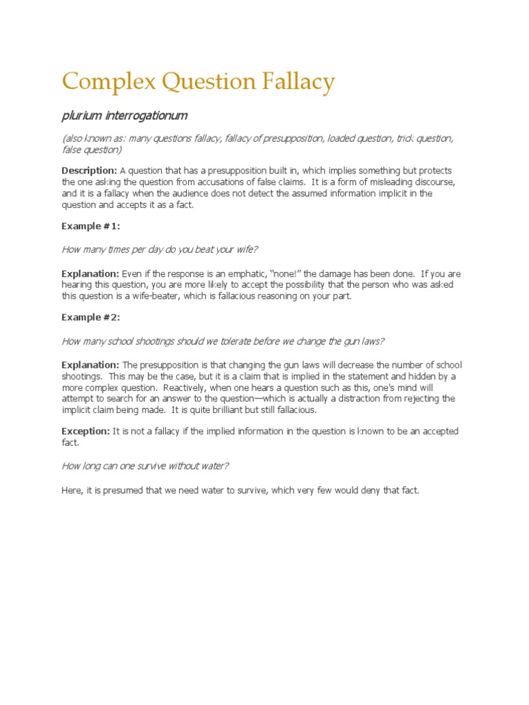 Complex Question Fallacy | PDF | Fallacy | Question