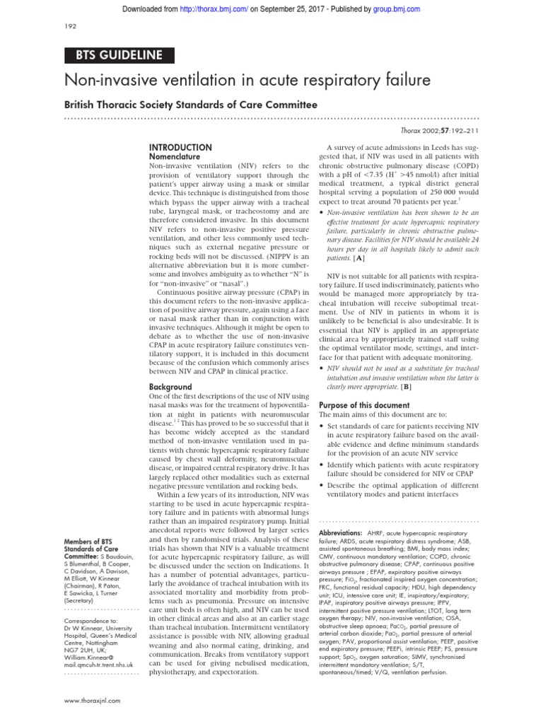 Non-Invasive Ventilation in Acute Respiratory Failure: Bts Guideline ...