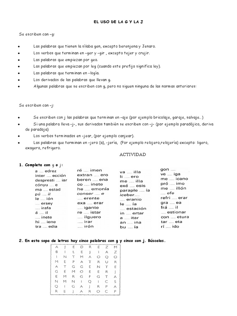 Ortografía de G J - Ejercicios | PDF