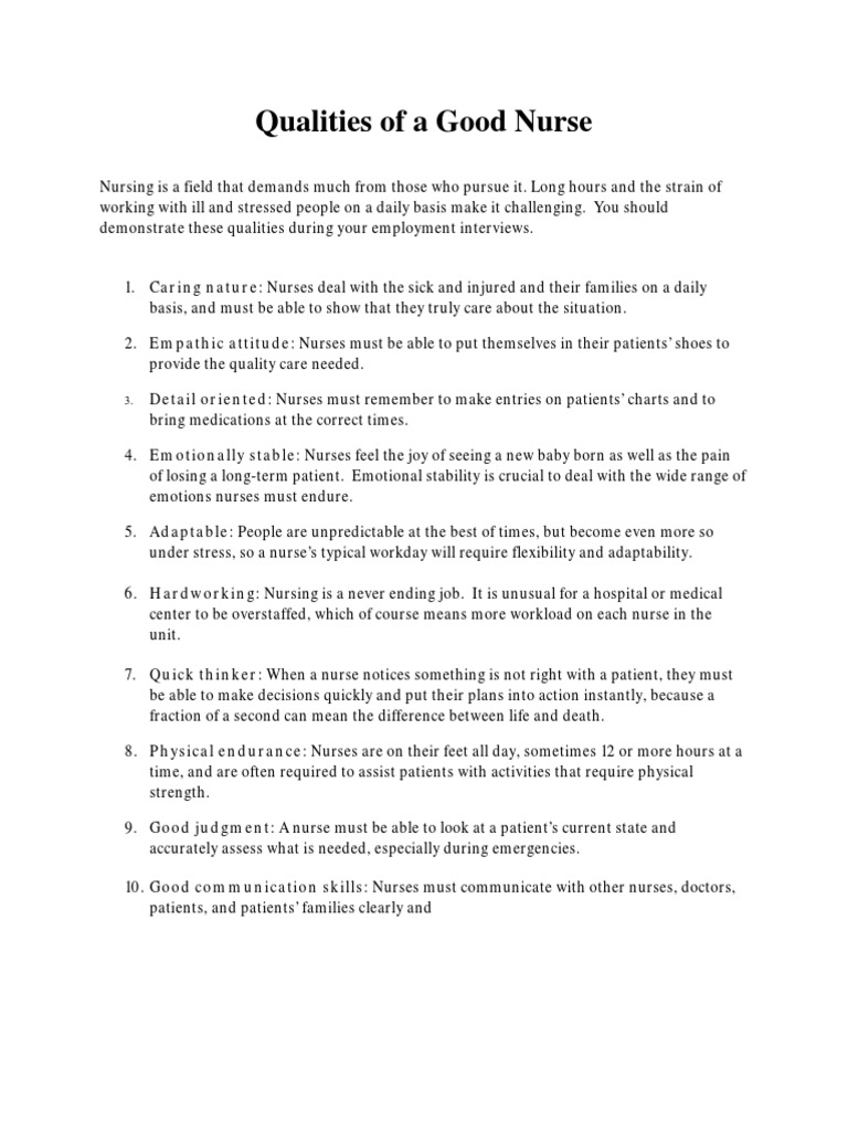 Qualities of A Good Nurse | PDF