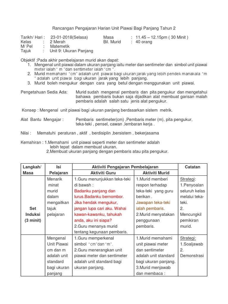 RPH Unit Piawai Bagi Panjang Tahun 2 | PDF