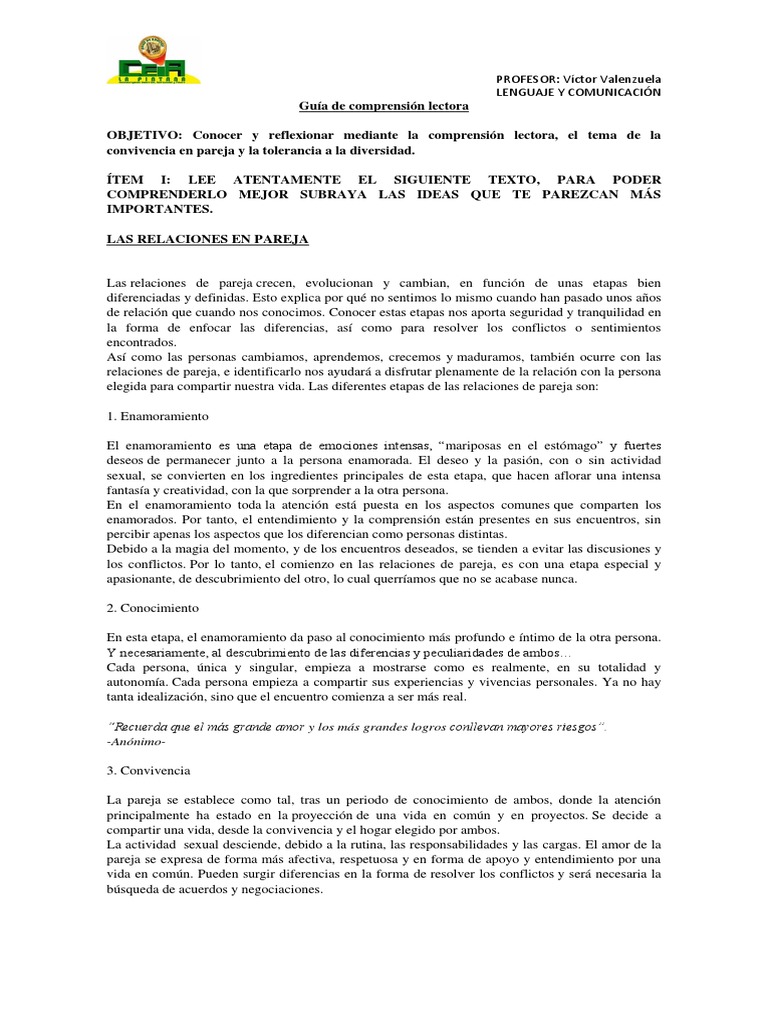 Guía de Comprensión Lectora Convivencia en Pareja | PDF | Comprensión ...
