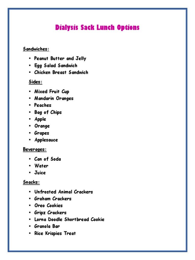Dialysis Sack Lunch Options Guide | PDF | Cooking, Food & Wine