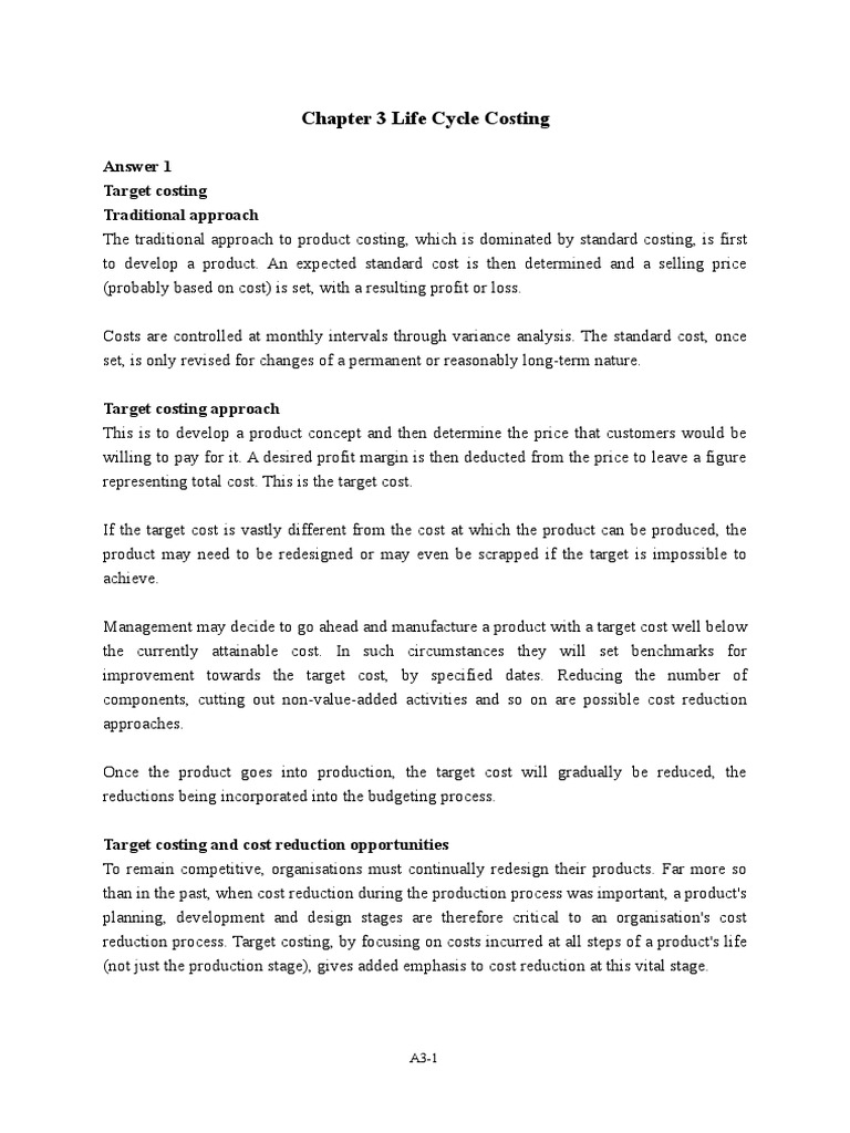 Chapter 3 Life Cycle Costing: Answer 1 Target Costing Traditional ...