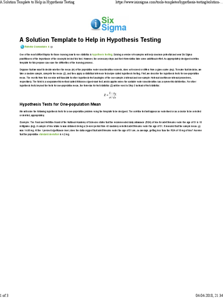 A Solution Template To Help in Hypothesis Testing PDF | PDF ...