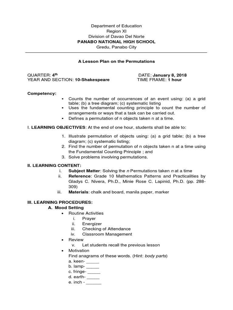 Permutation 1 | PDF | Permutation | Lesson Plan Permutation 1 | PDF | Permutation | Lesson Plan