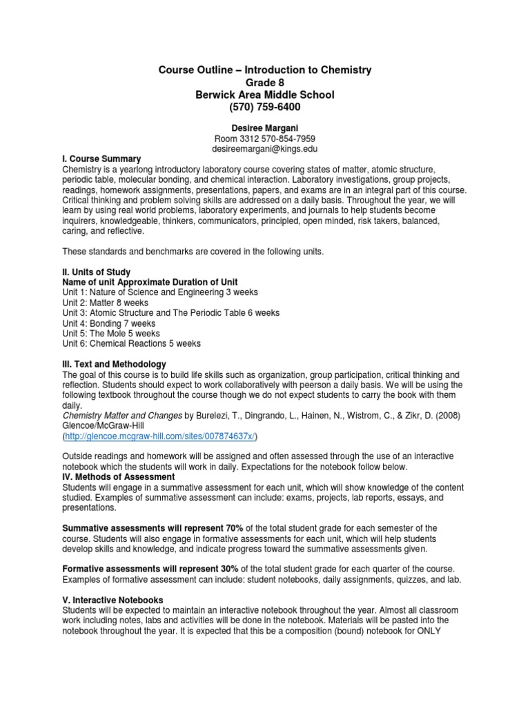 Course Outline - Introduction To Chemistry Grade 8 Berwick Area Middle ...