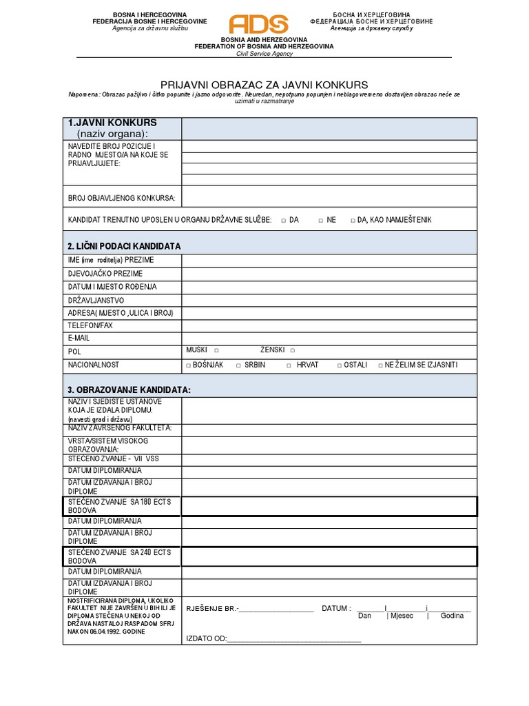 Prijavni Obrazac Na Konkurs | PDF