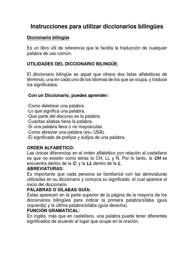 Instrucciones Para Utilizar Diccionarios Bilingües | Diccionario ...