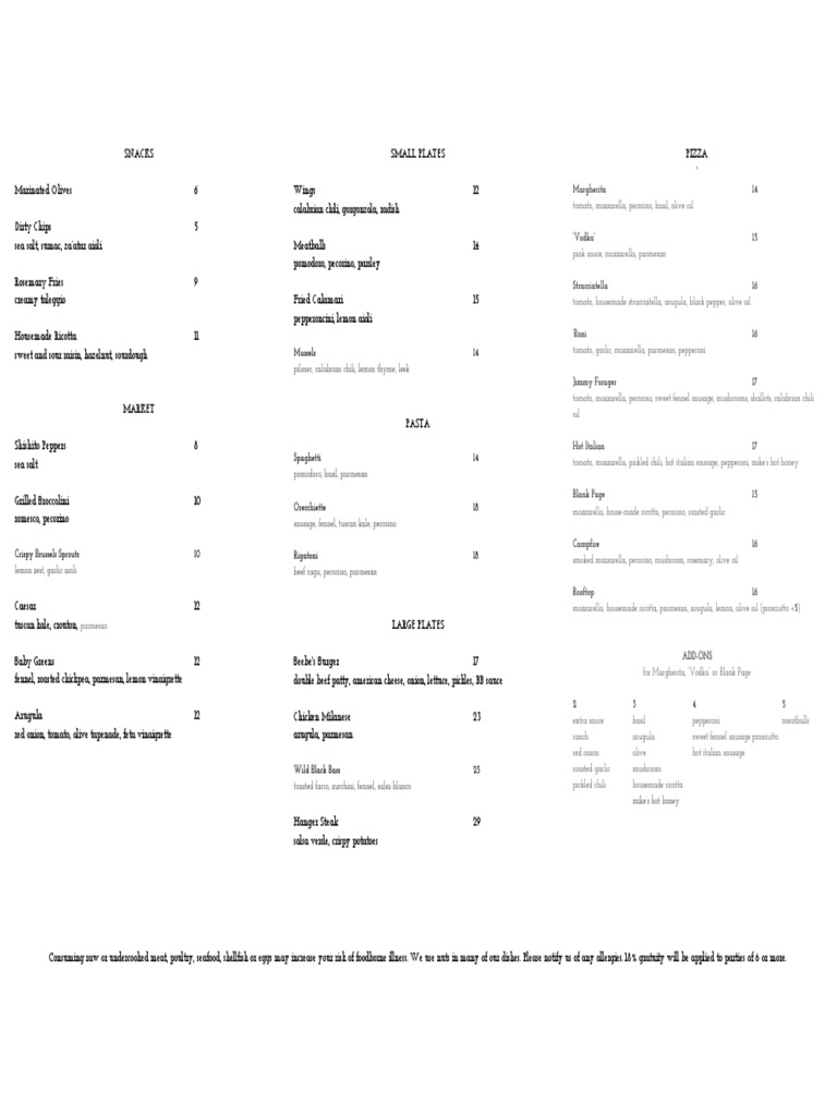 Beebe’s Menu | Italian Cuisine | European Cuisine