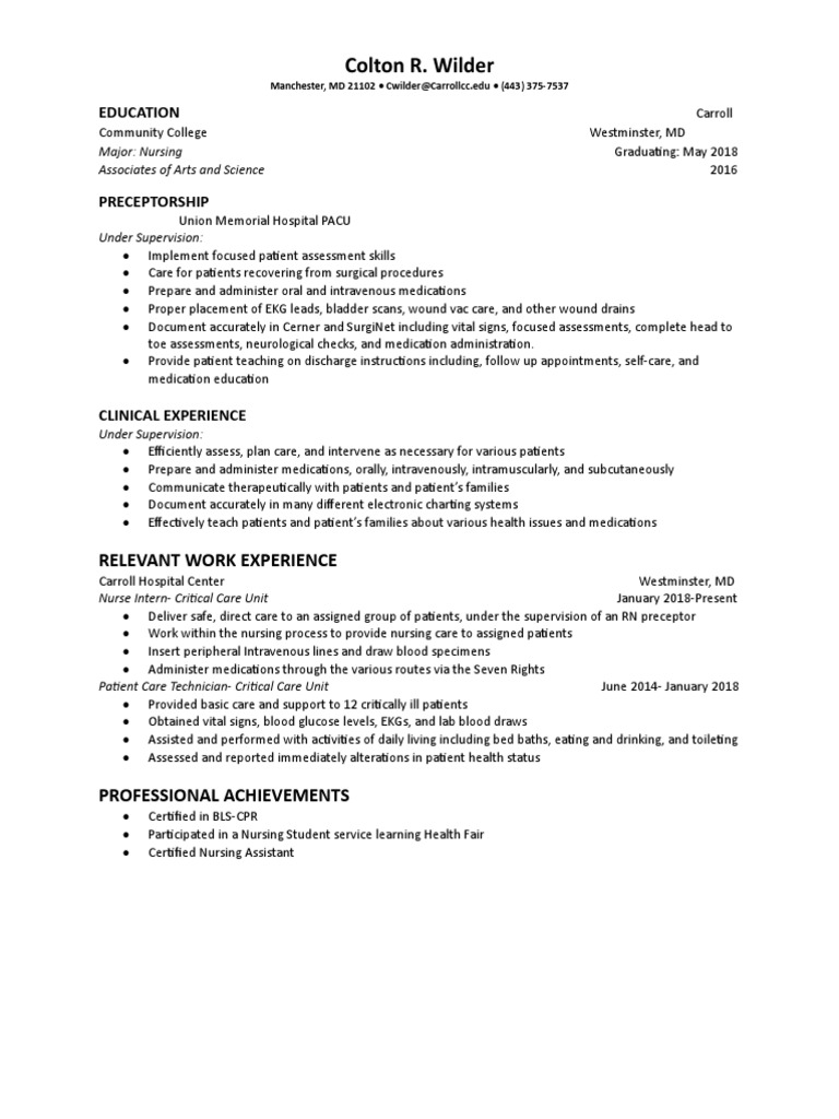 Colton Wilder Resume | PDF | Nursing | Patient