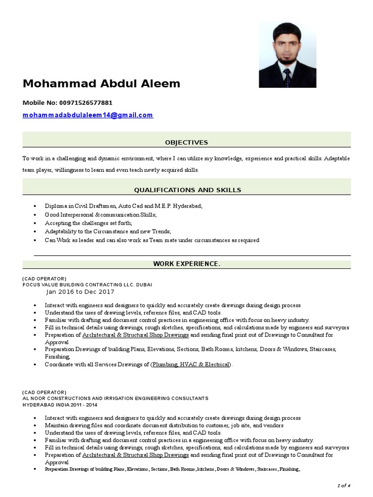CAD Operator Resume of Mohammad Aleem | PDF | Technical Drawing ...