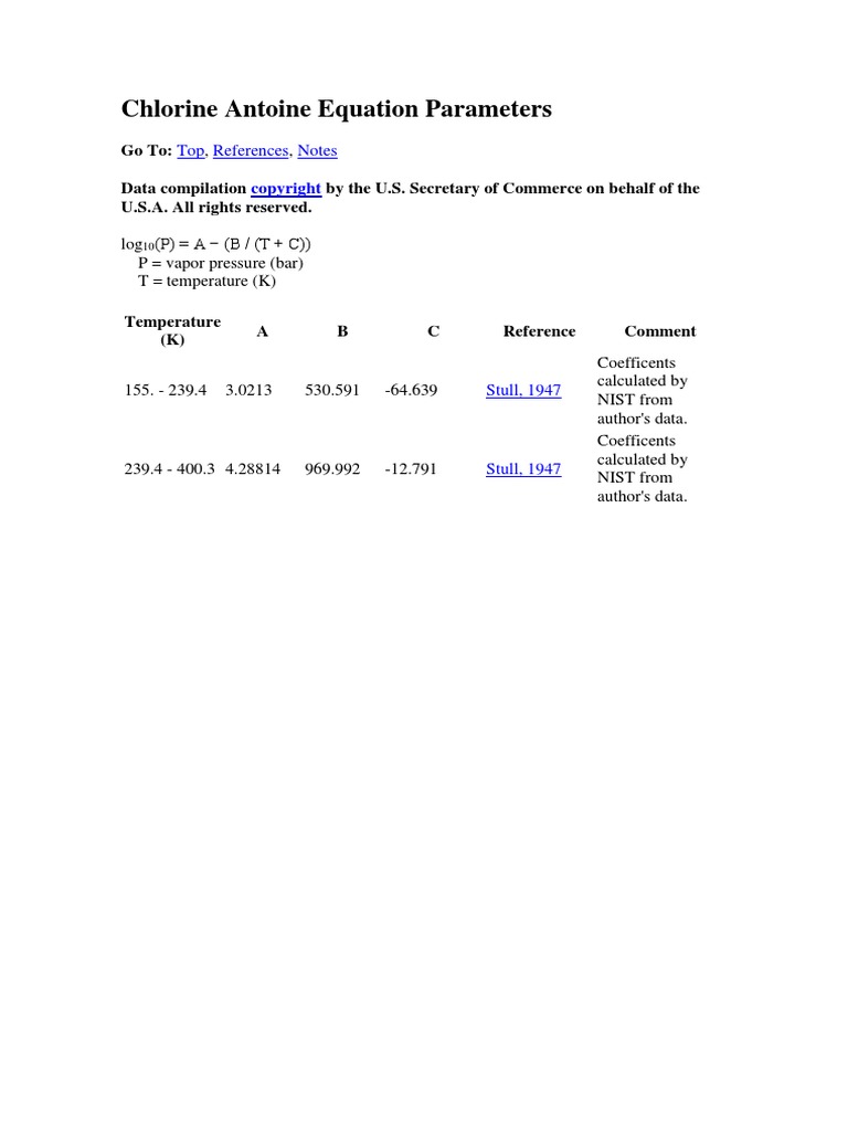 Chlorine Antoine Equation Parameters | PDF