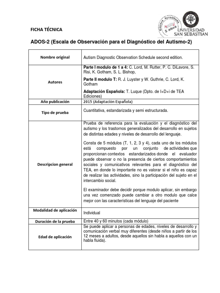 Ficha Tecnica ADOS-2 | PDF | Autismo | Algoritmos