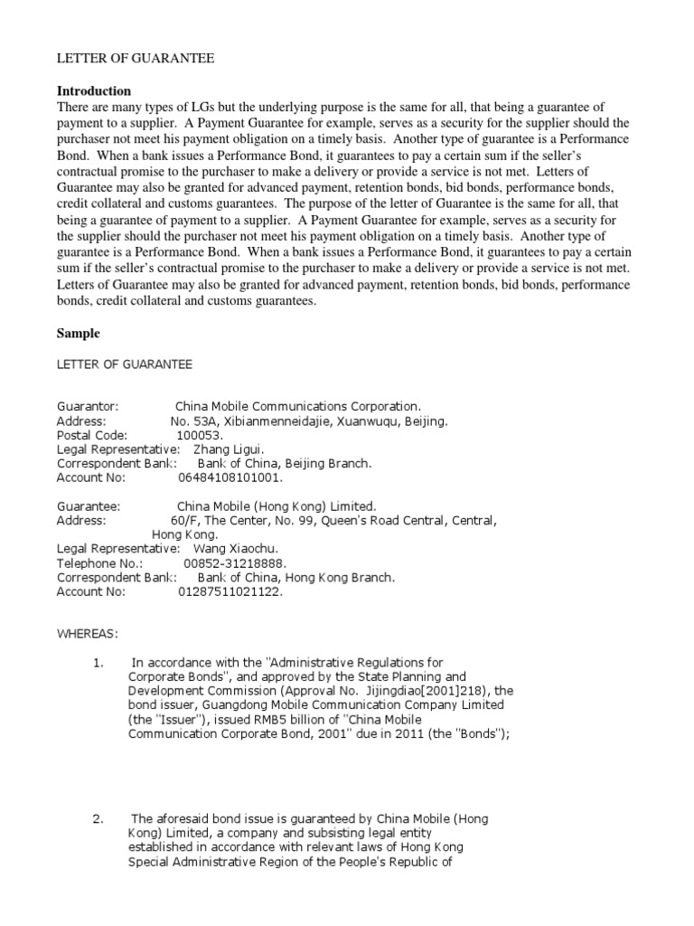 Letter of Guarantee | PDF | Bonds (Finance) | Guarantee