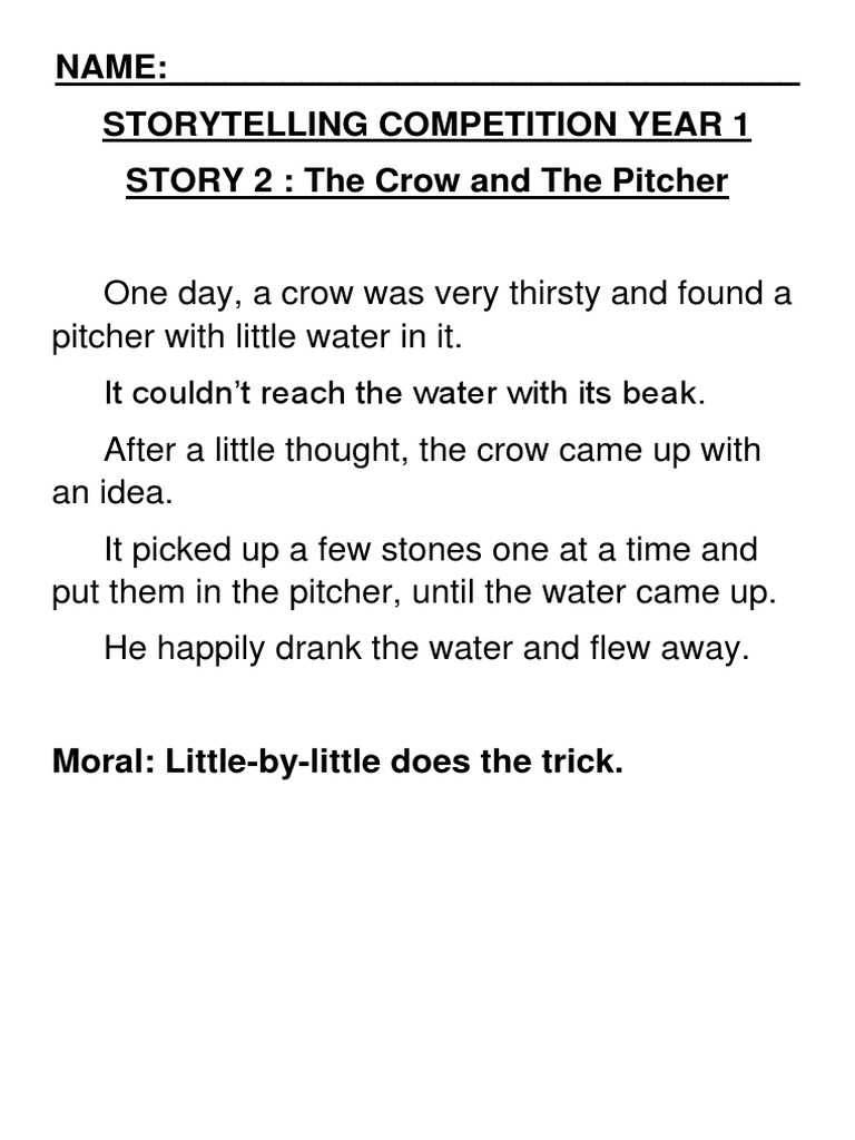 Storytelling Competition Year 1 The Crow and Pitcher Story 2 | PDF