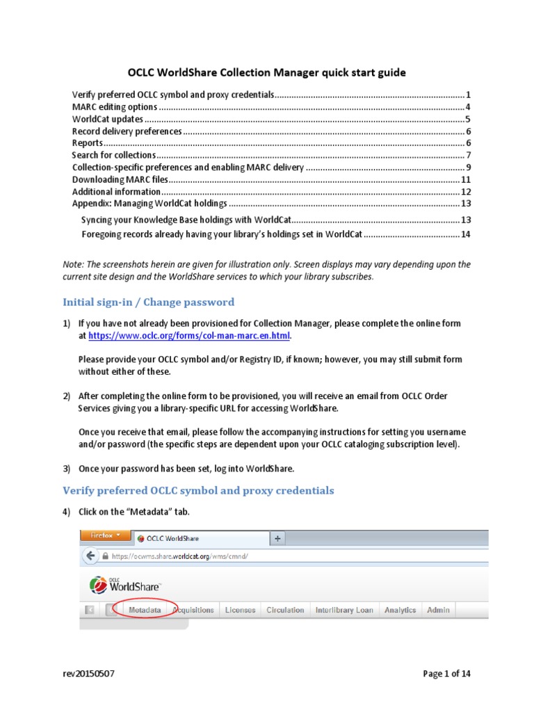 Oclc Worldshare Collection Manager Quick Start Guide: Initial Sign-In ...