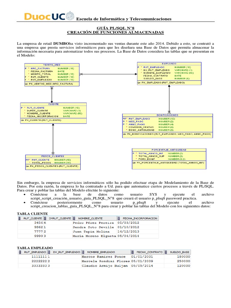 Guía de PLSQL N°8 Creación Funciones Almacenadas | PDF | Tabla (base de datos) | SQL