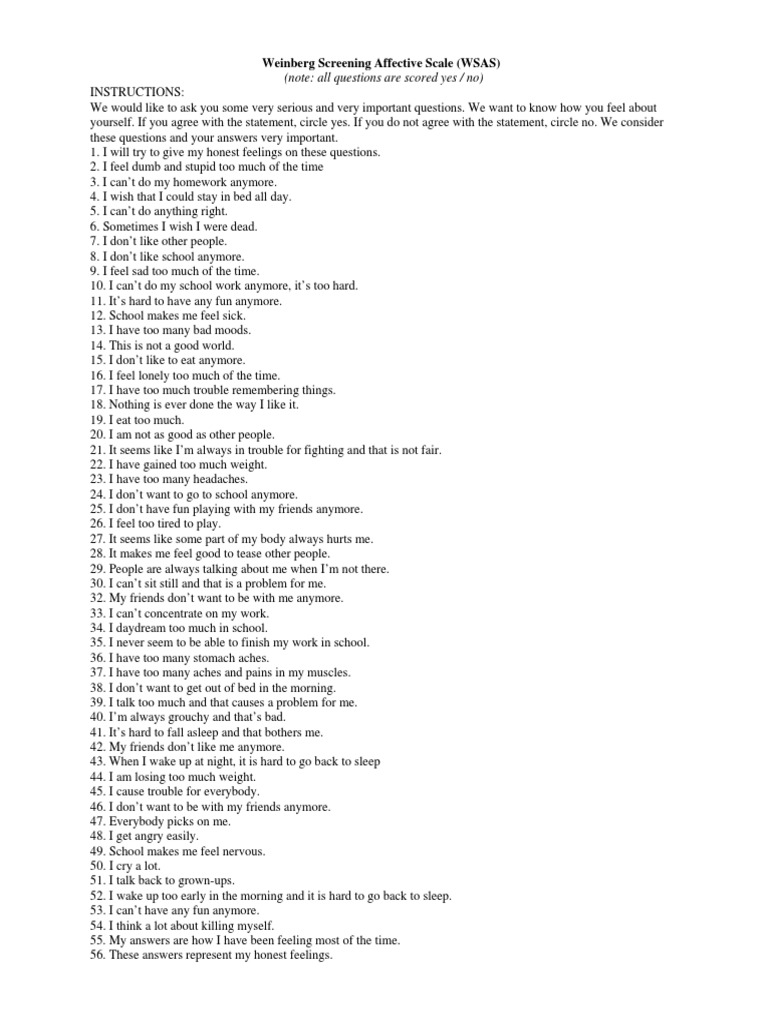 Weinberg Screening Affective Scale (WSAS) : (Note: All Questions Are ...