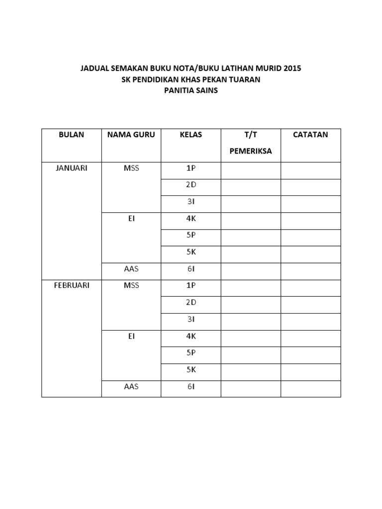 Jadual Semakan Buku Nota | PDF