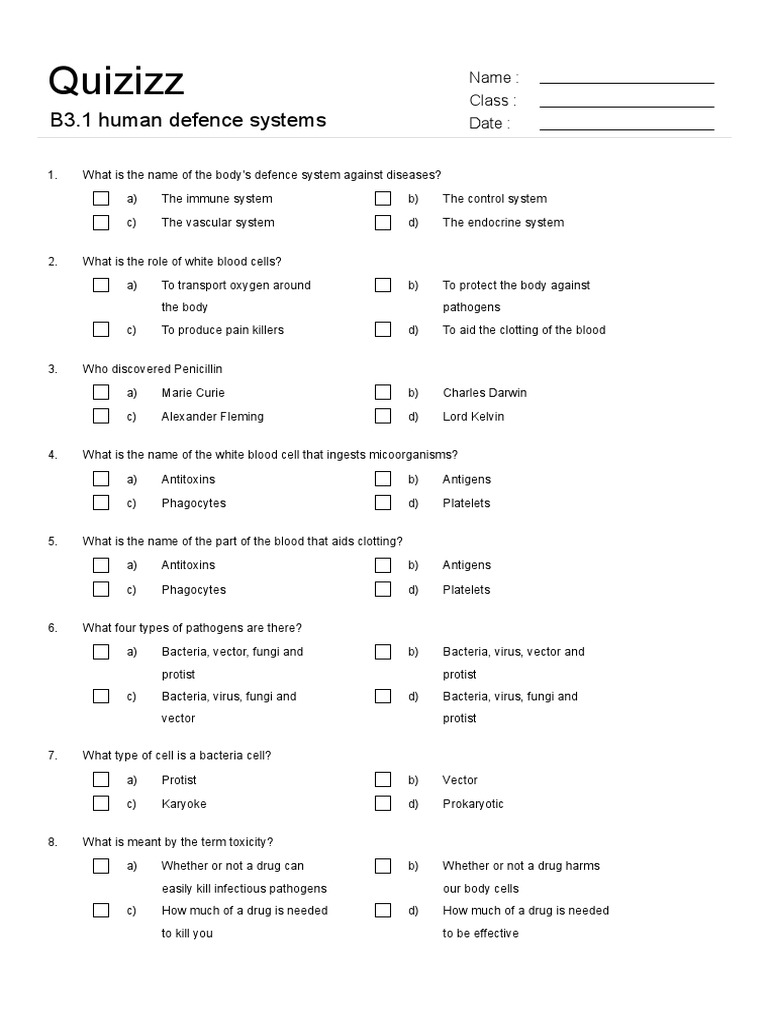 Quiz on Human Defense Systems | PDF | Pathogen | Infection