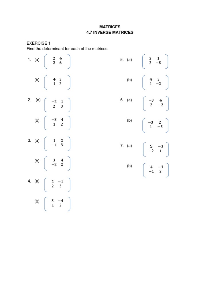 Inverse Matrices and Determinants Exercises | PDF