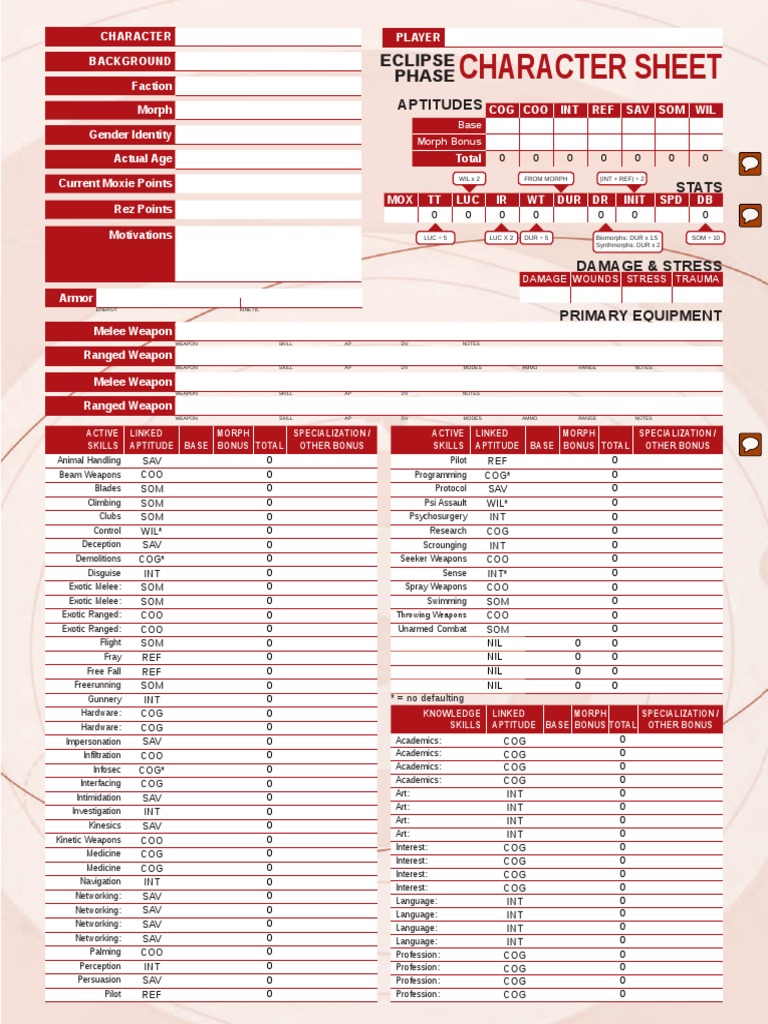 Eclipse Phase Character Sheet Editable (4th Print) - Autocalc (v1.2) | PDF