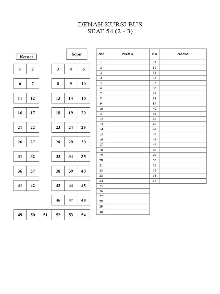 Denah Kursi Bus 54 Seat Layout | PDF