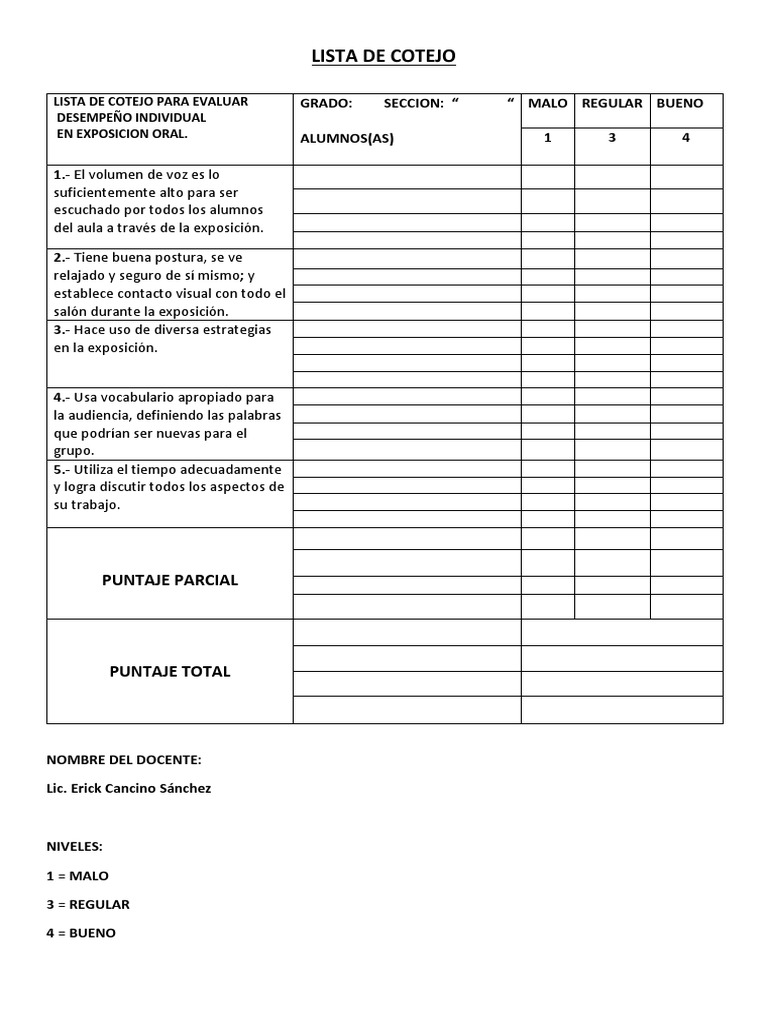 Lista de Cotejo para Evaluar | PDF