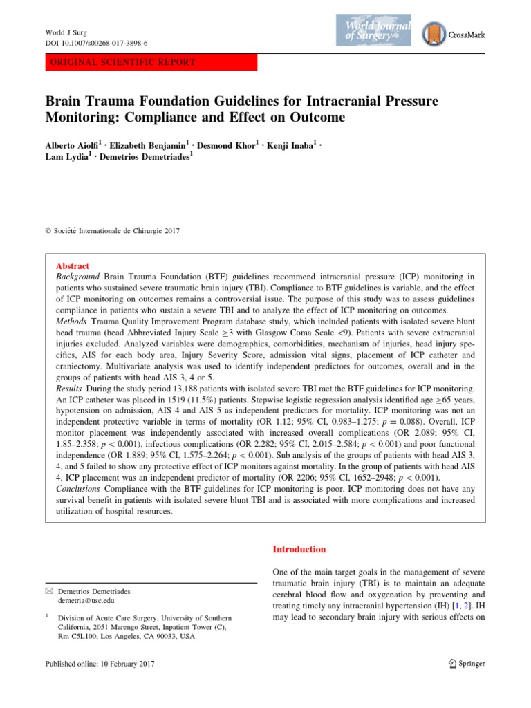 Brain Trauma Foundation Guidelines For Intracranial Pressure Monitoring ...