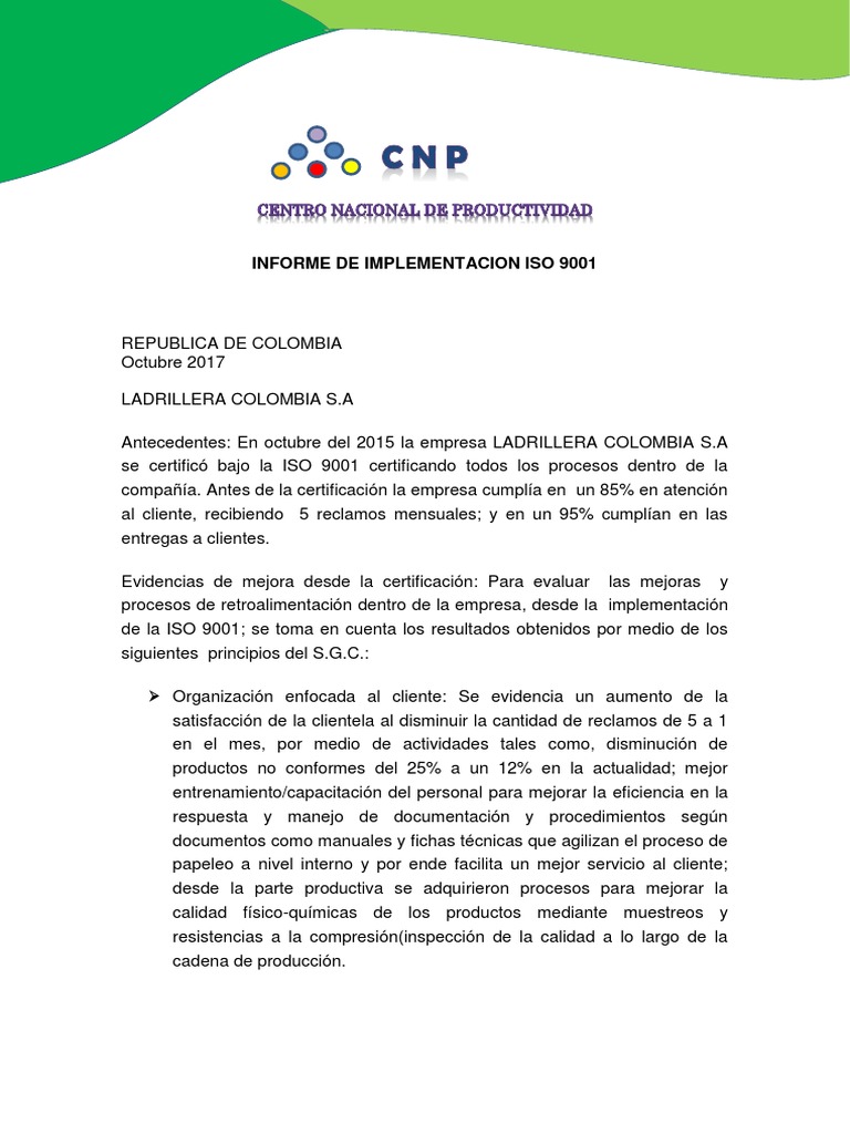INFORME DE IMPLEMENTACION ISO 9001(fundamentacion de un sistema de ...