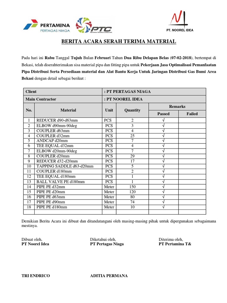 Berita Acara Serah Terima Material Sisa Bekasi | PDF