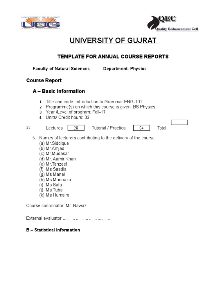 University of Gujrat: Template For Annual Course Reports | PDF ...