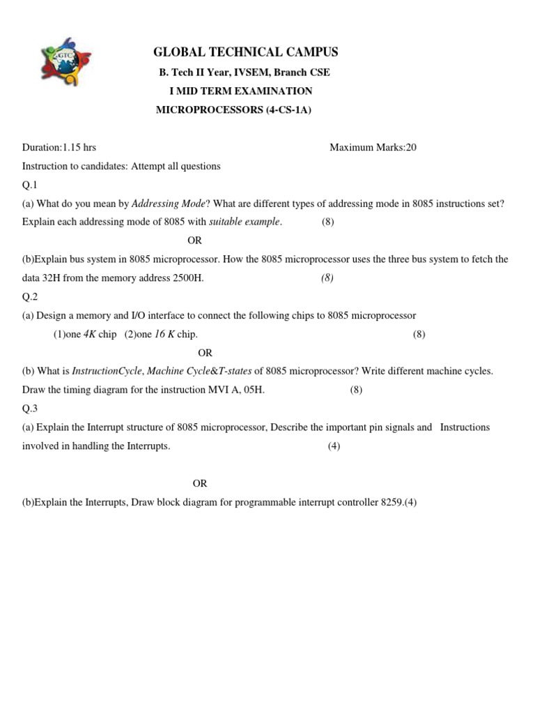 Global Technical Campus: B. Tech II Year, IVSEM, Branch CSE I Mid Term Examination ...