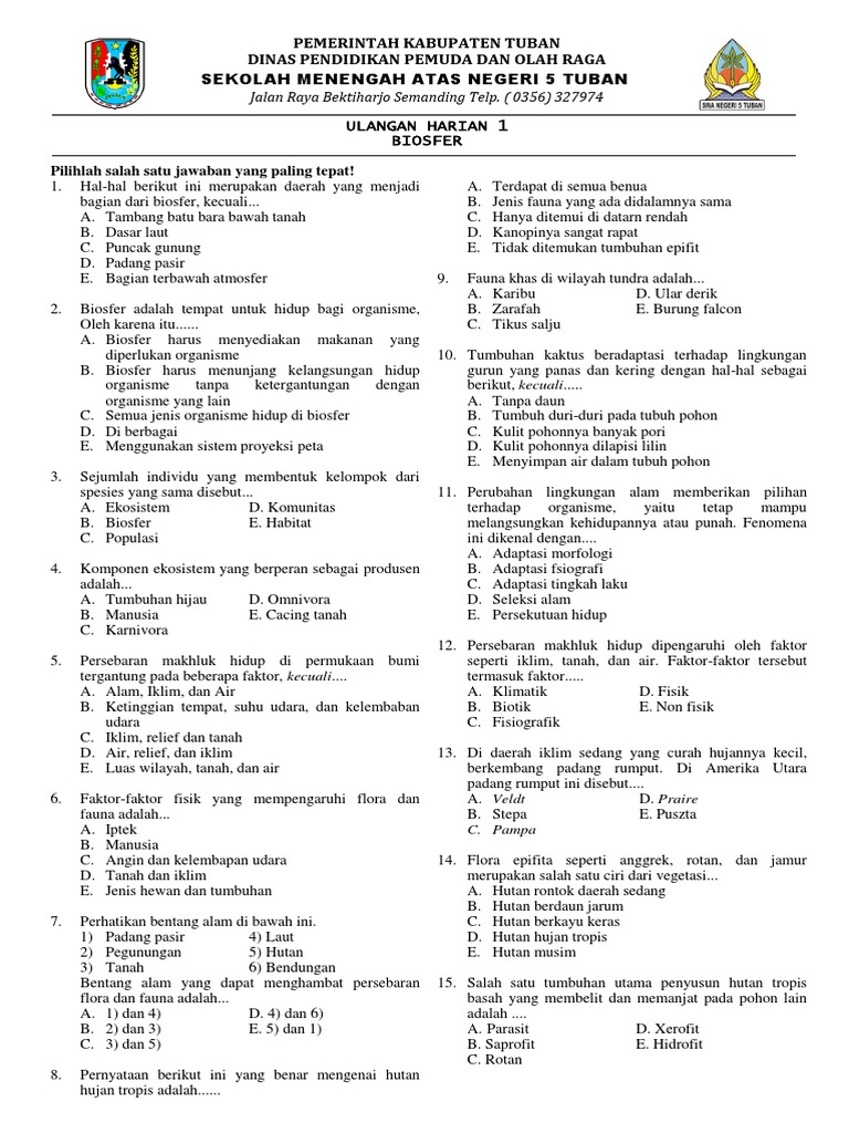Ulangan Harian Biosfer SMA 5 Tuban | PDF