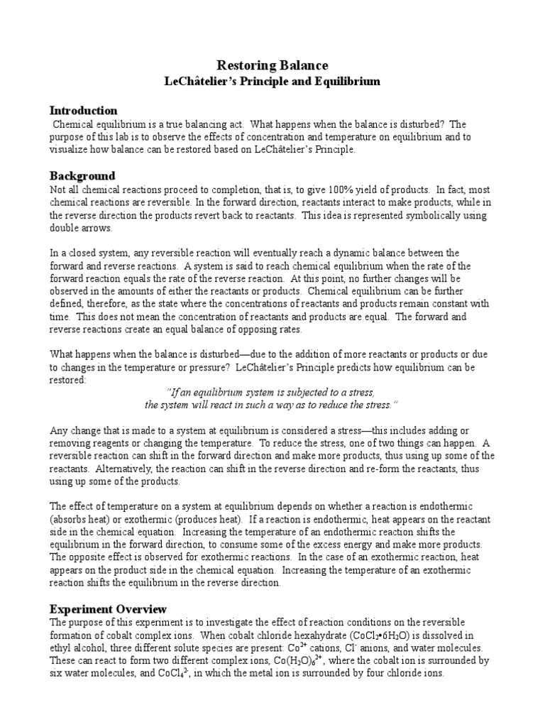 Restoring Balance Lab CH 2 | PDF | Chemical Equilibrium | Chemical ...