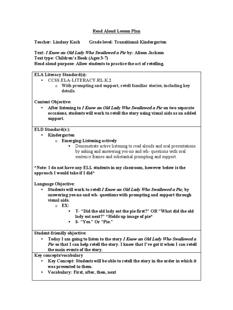 Kindergarten Read Aloud Lesson Plan | PDF | Lesson Plan | Question